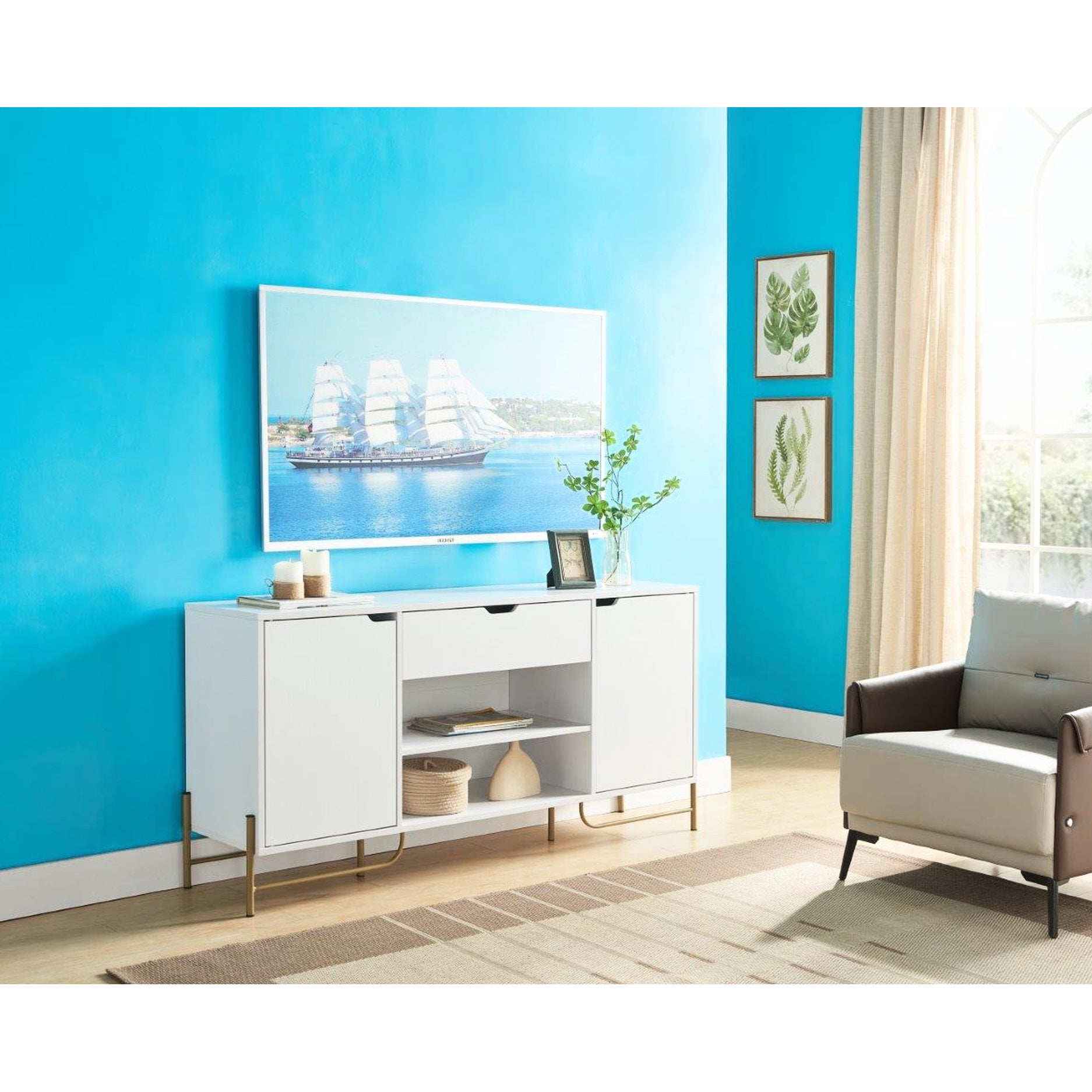 White & gold metal - leg buffet with two side cabinets, one drawer, six ...