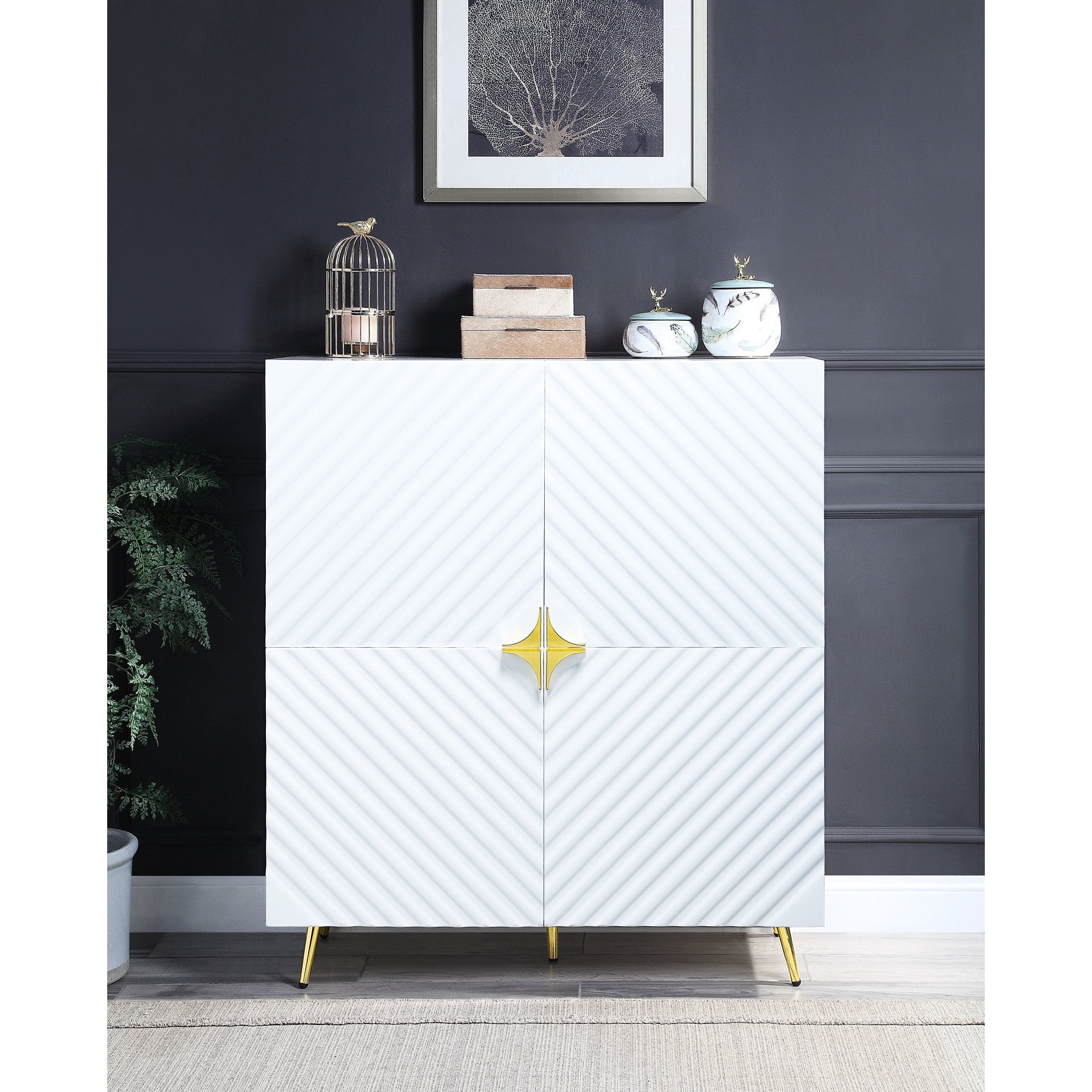 White high gloss finish accent cabinet with four doors and wave design ...