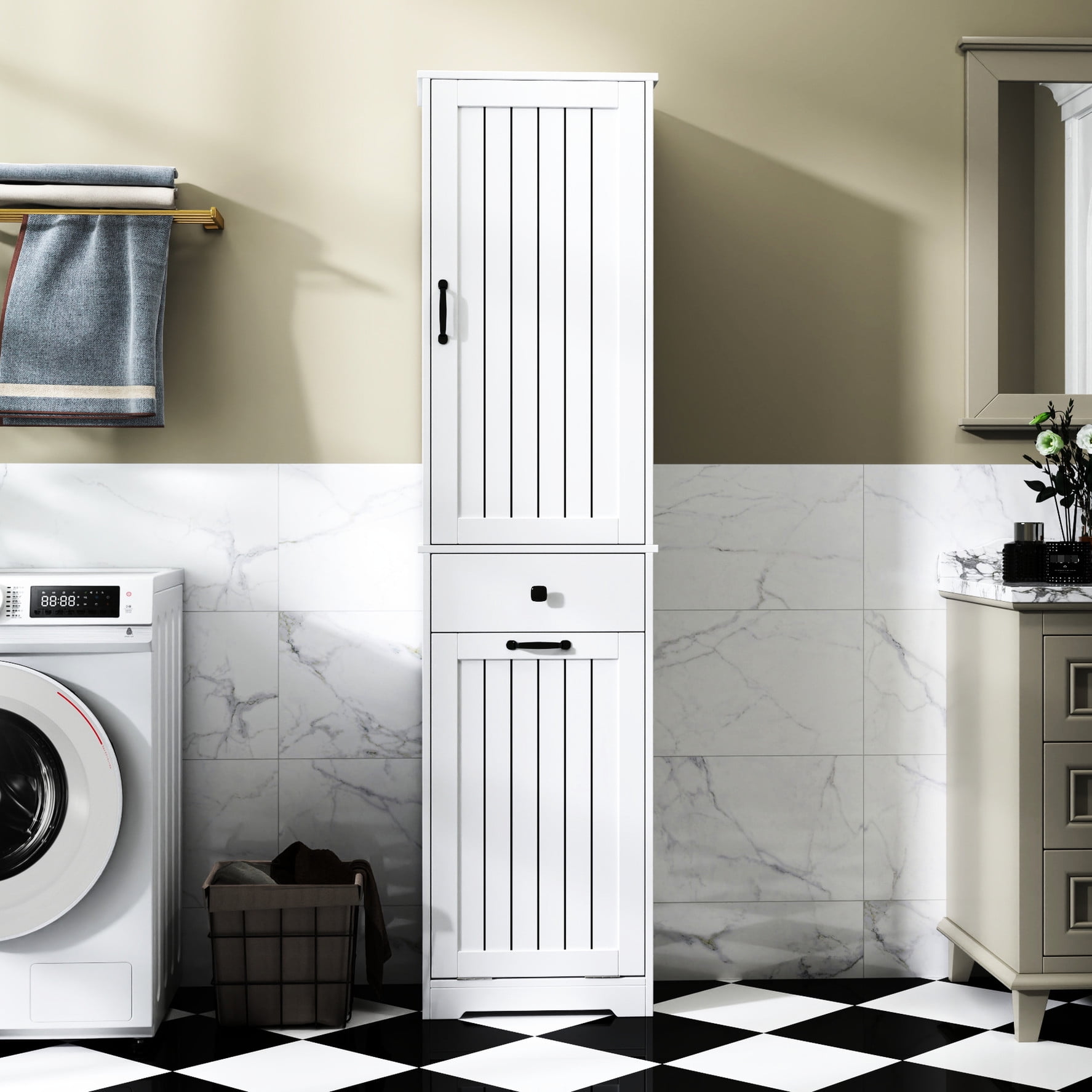 White laundry cabinet with drawer and shelf for storing small items and ...
