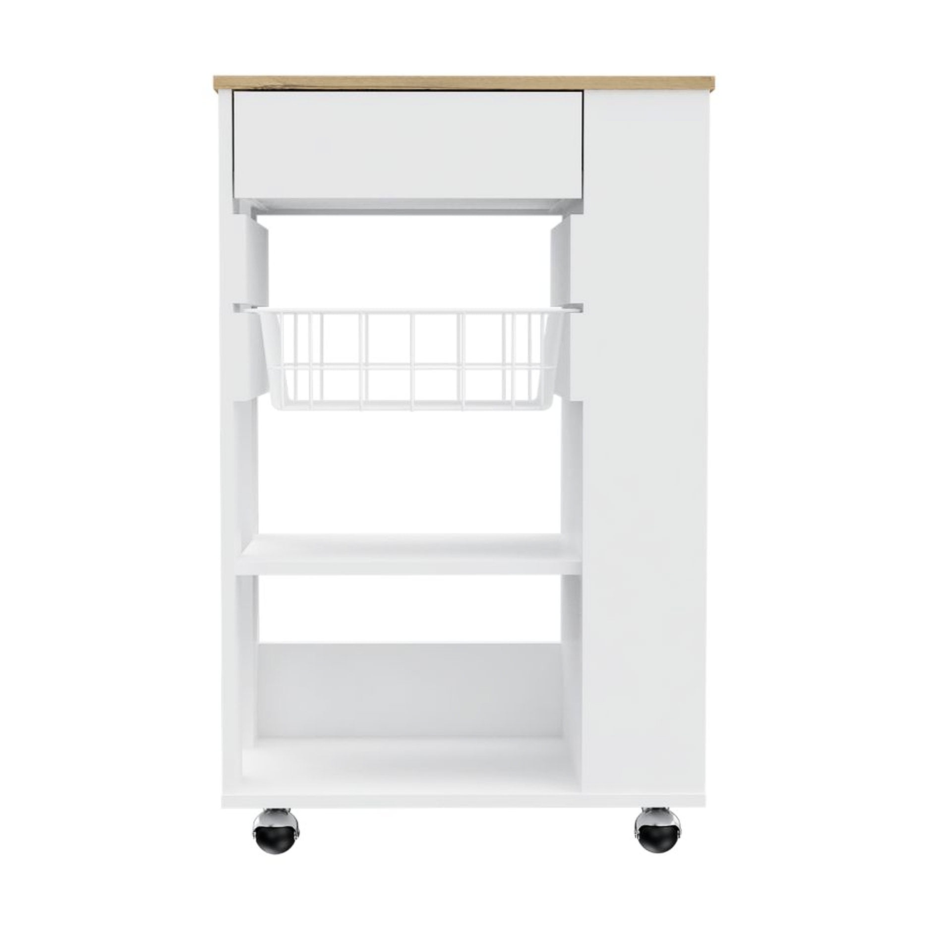 White light oak kitchen cart with four caster wheels for smooth kitchen ...