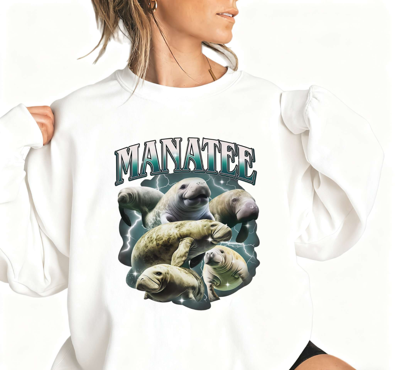 White manatee lover must have sweatshirt with MANATEE lettering and ...