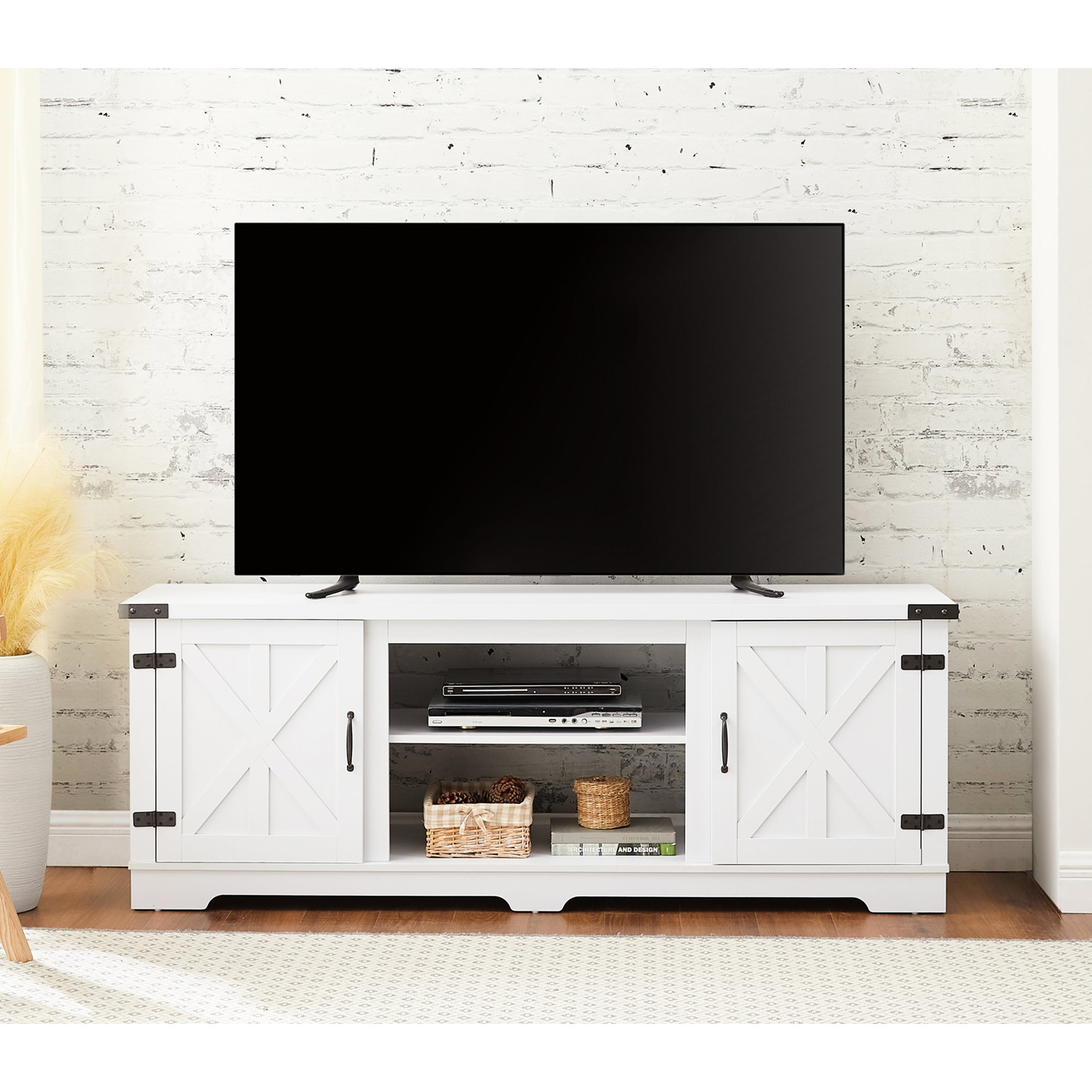 White modern farmhouse TV console for 70'' TVs with cable pass ...