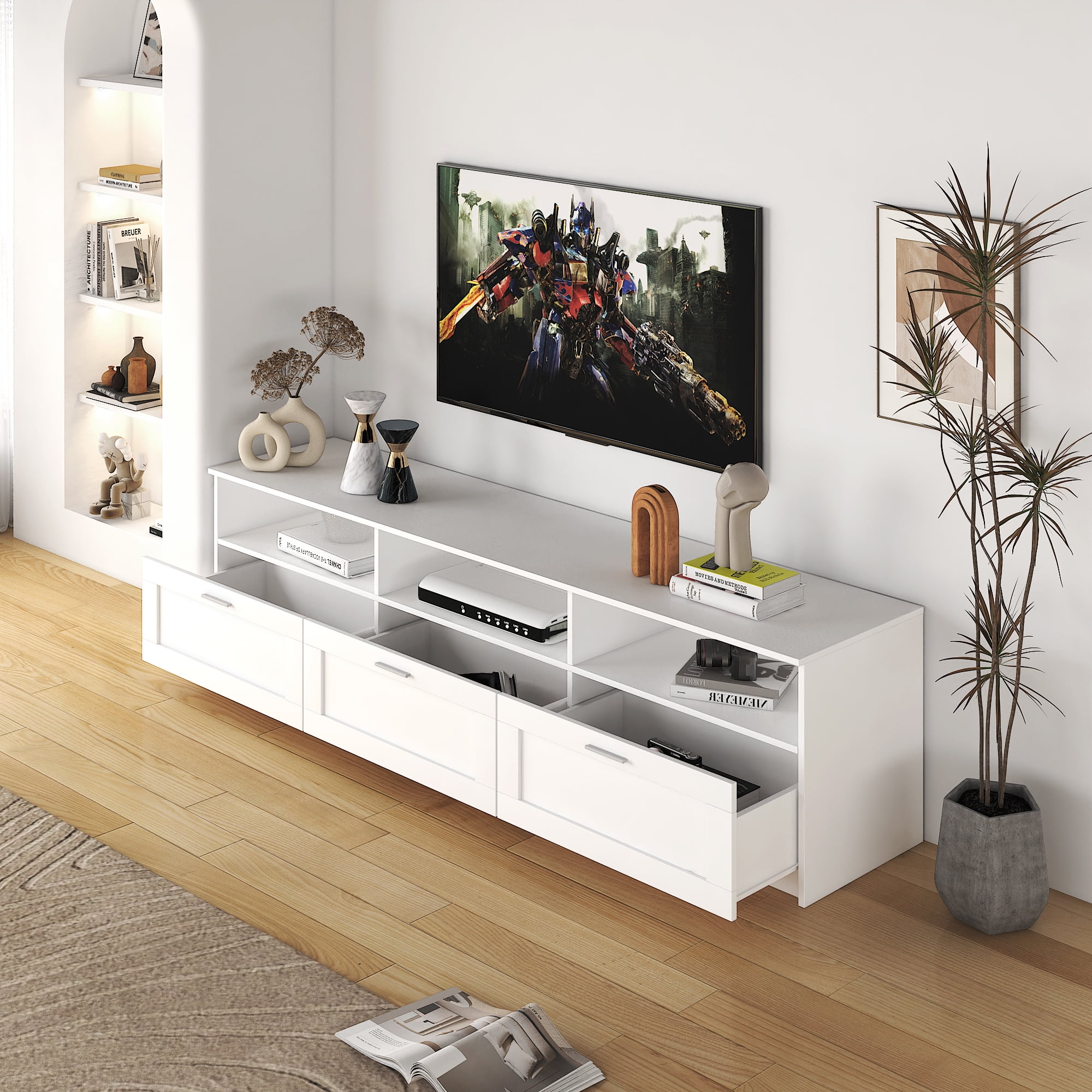 White modern minimalist TV cabinet 80 inch TV stand, open locker Living ...