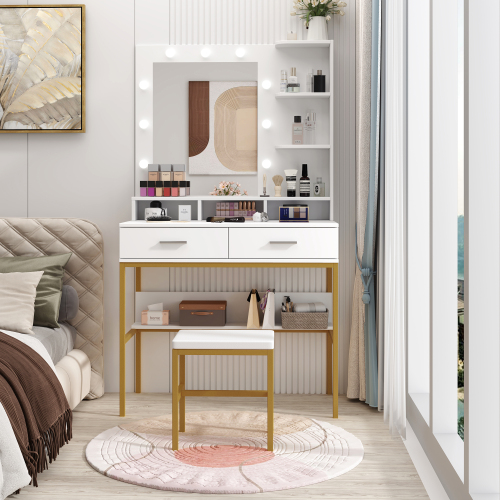 White modern simple vanity with stool, solid metal frame construction ...