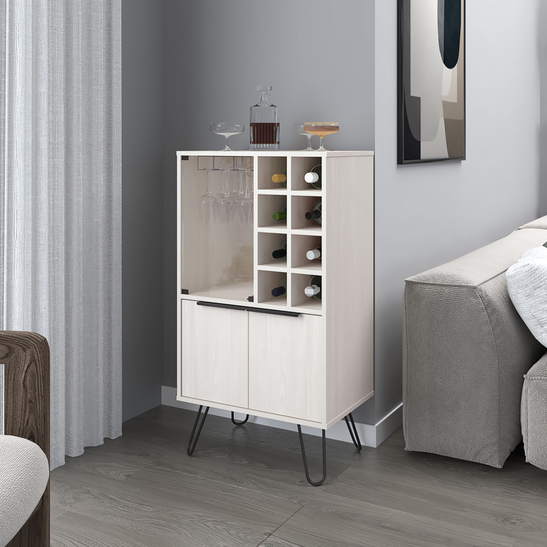 White oak bar cabinet for living room featuring wine glass display and ...