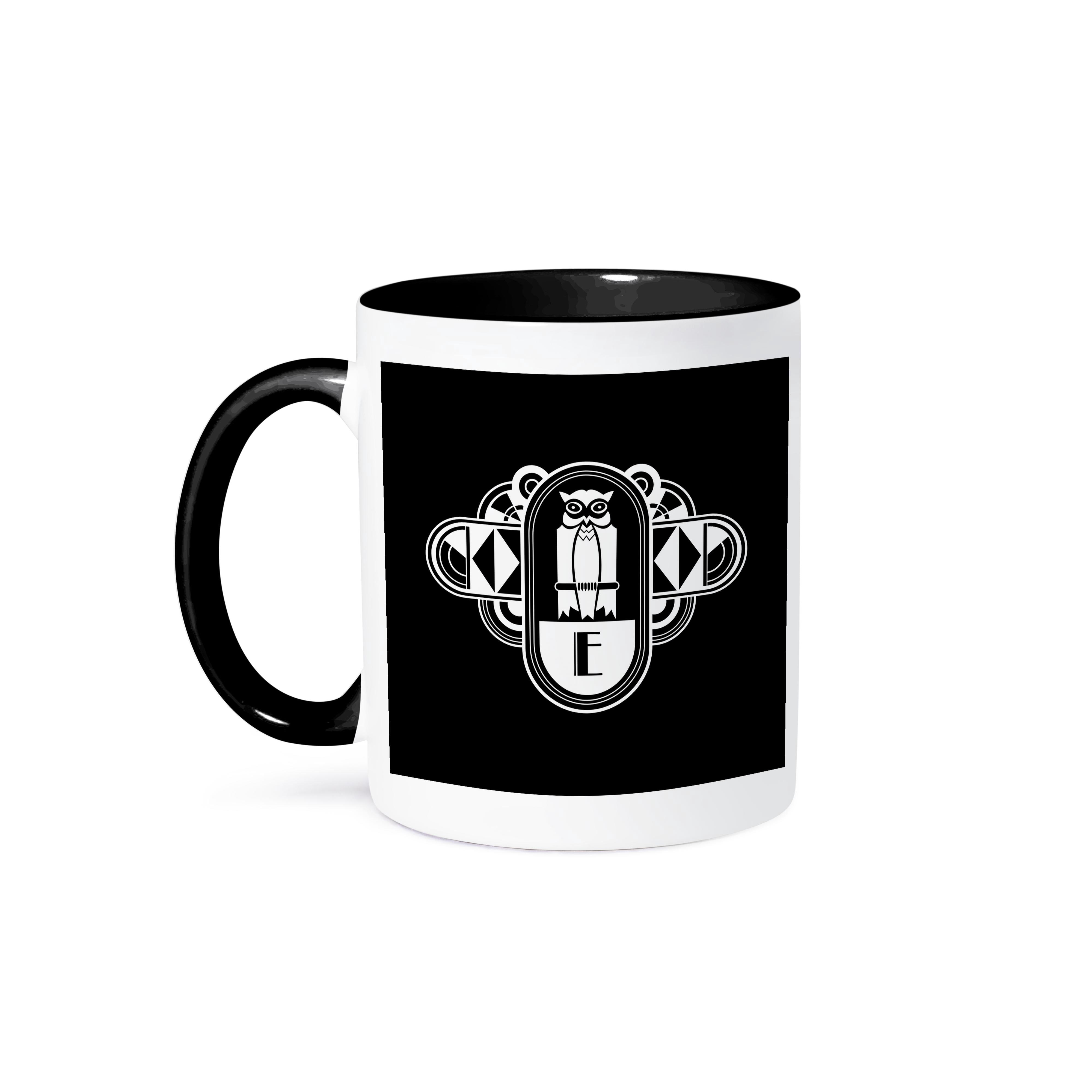 3dRose, White on Black Art Deco Owl Monogram Letter E, 15oz Two-Tone ...