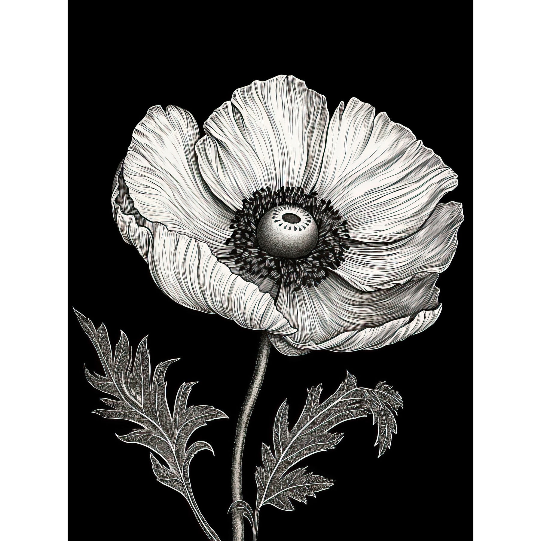 White on Black Single Detailed Anemone Flower Extra Large XL Wall Art ...