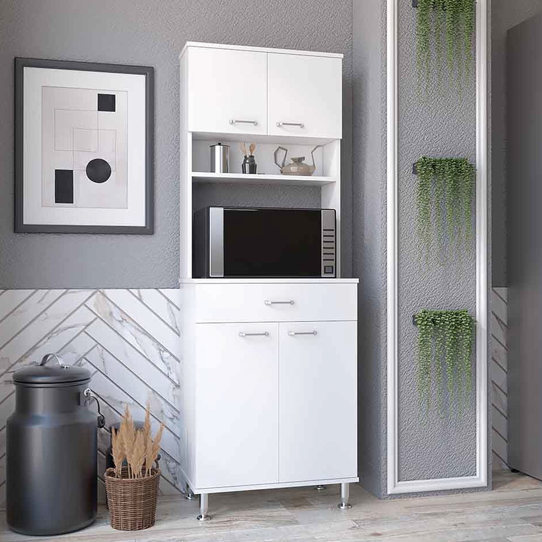White pantry cabinet with external storage shelves and a spacious top ...