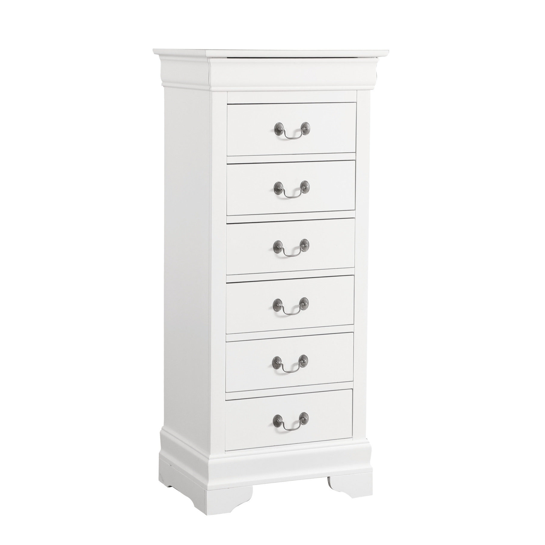 White particle board lingerie chest with curved mouldings and metal ...