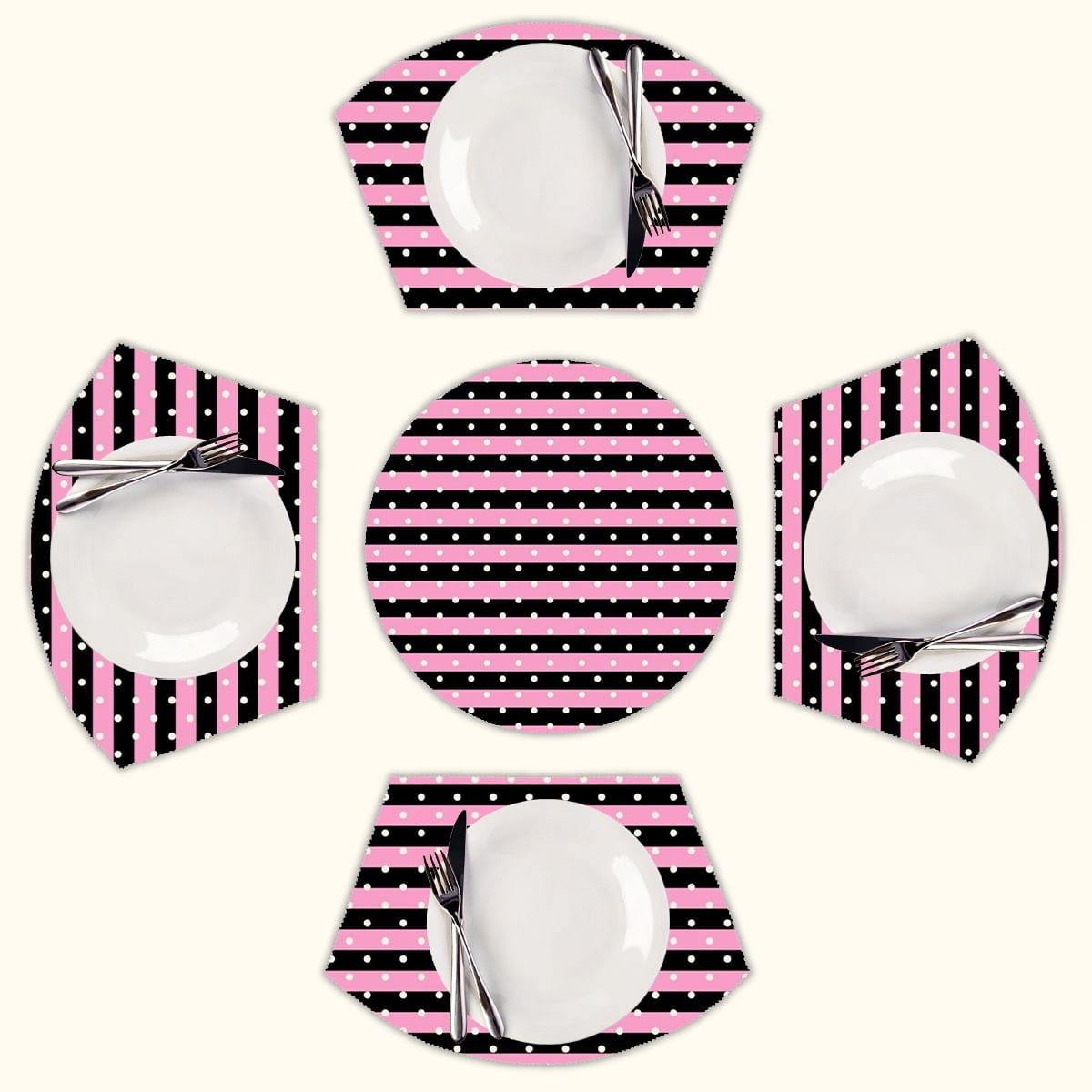 White polka dots, black and pink stripes Round Table Placemats Set Of 5 ...