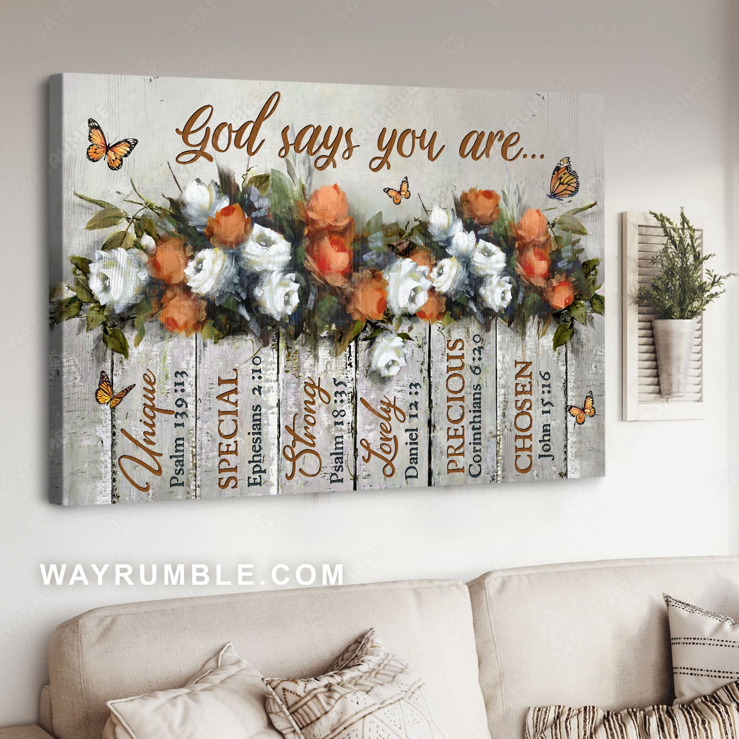 White rose, Orange rose, Monarch butterfly, God says you are unique ...