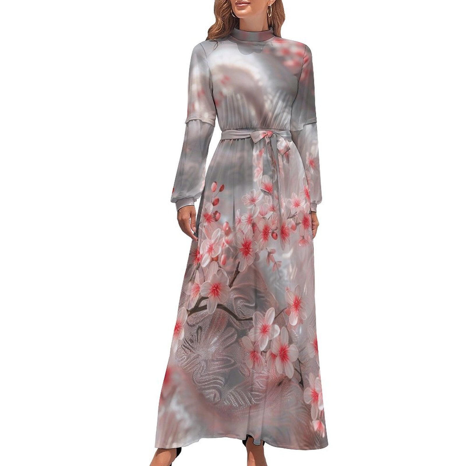 White satin texture and cherry blossoms Long Dress prom dresses loose summer dress summer dress ...