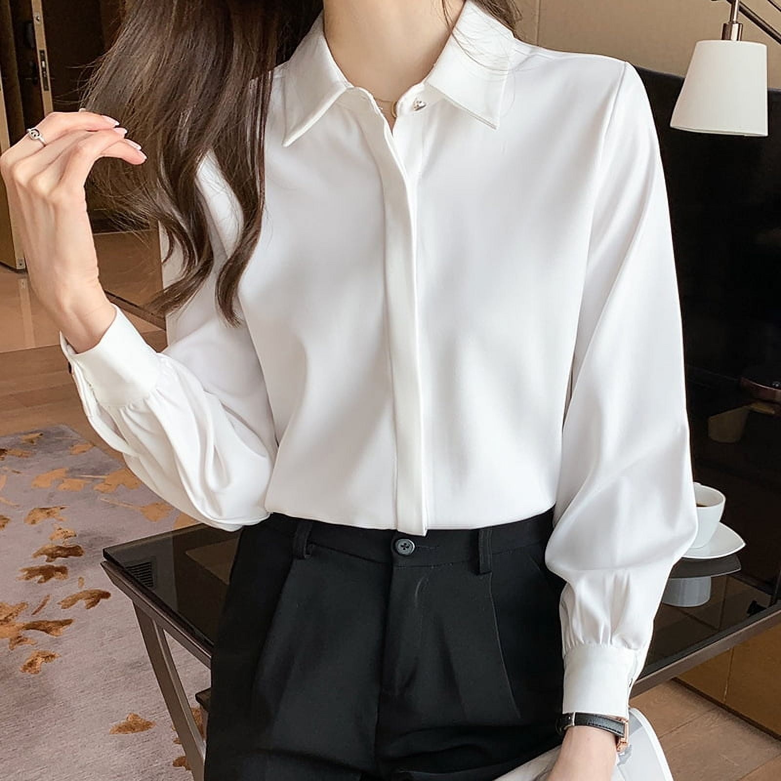 White shirt women's business attire with hidden buttons for workplace ...
