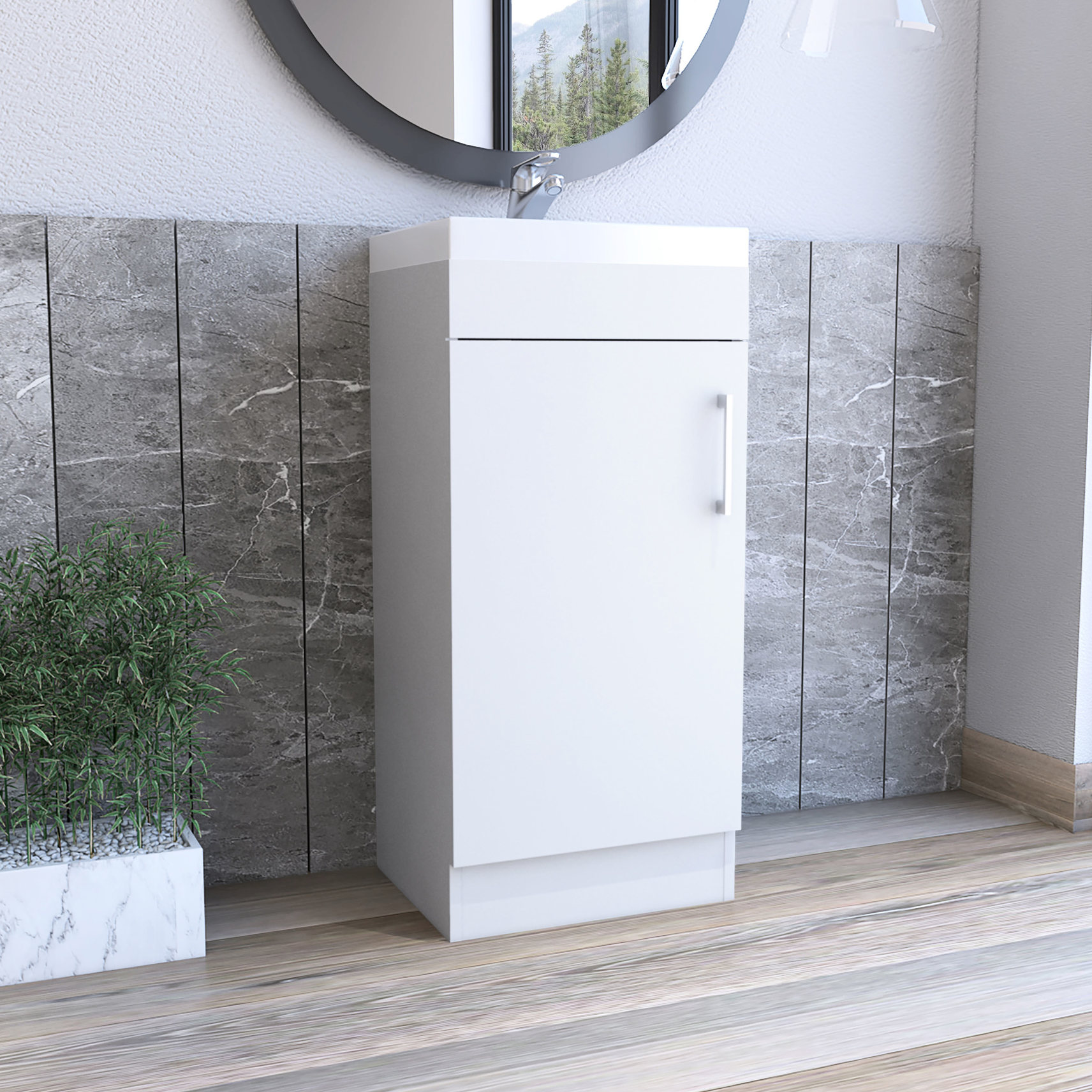 White single door vanity with roomy storage for small bathrooms to ...