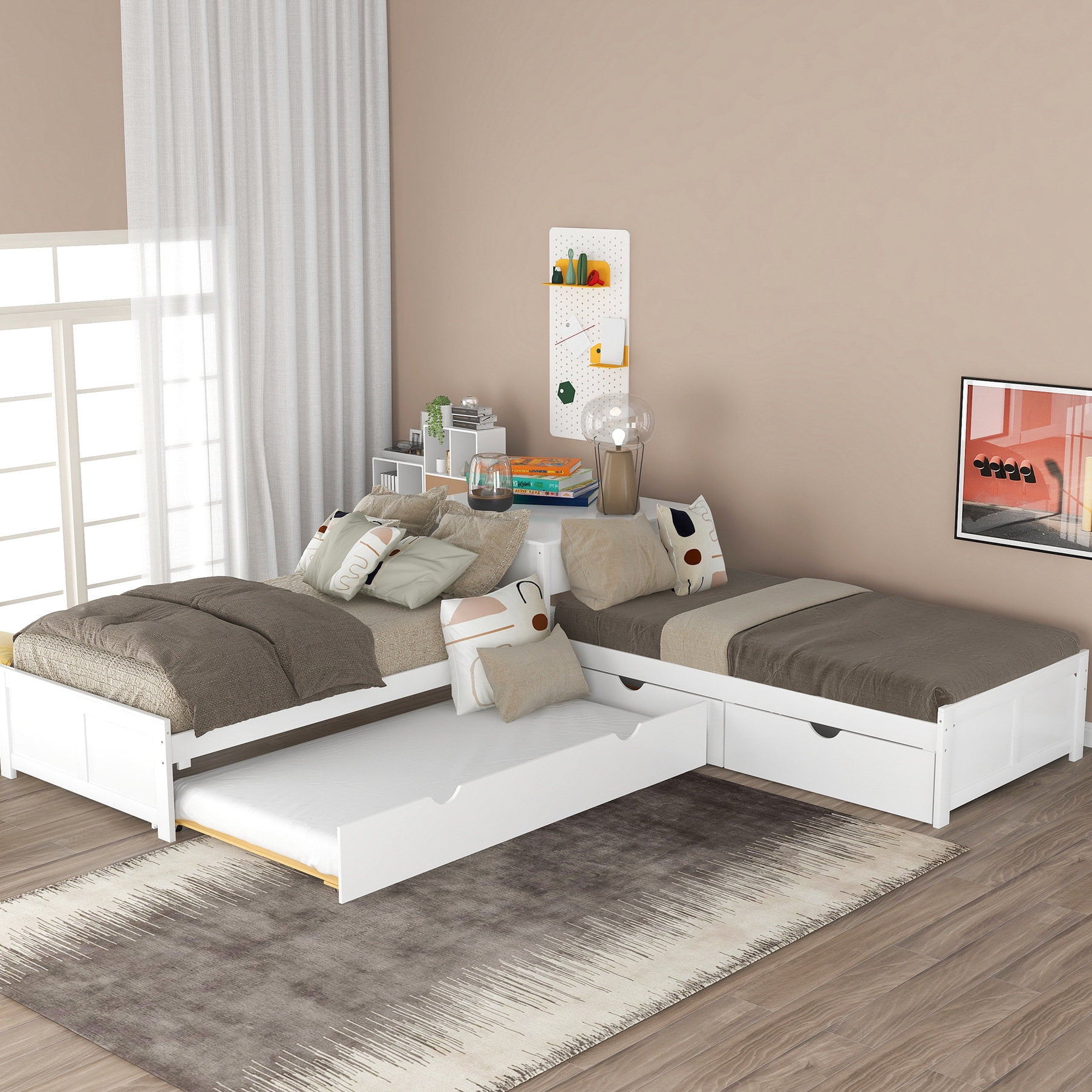 White twin L-shaped platform bed with storage drawers trundle and built ...