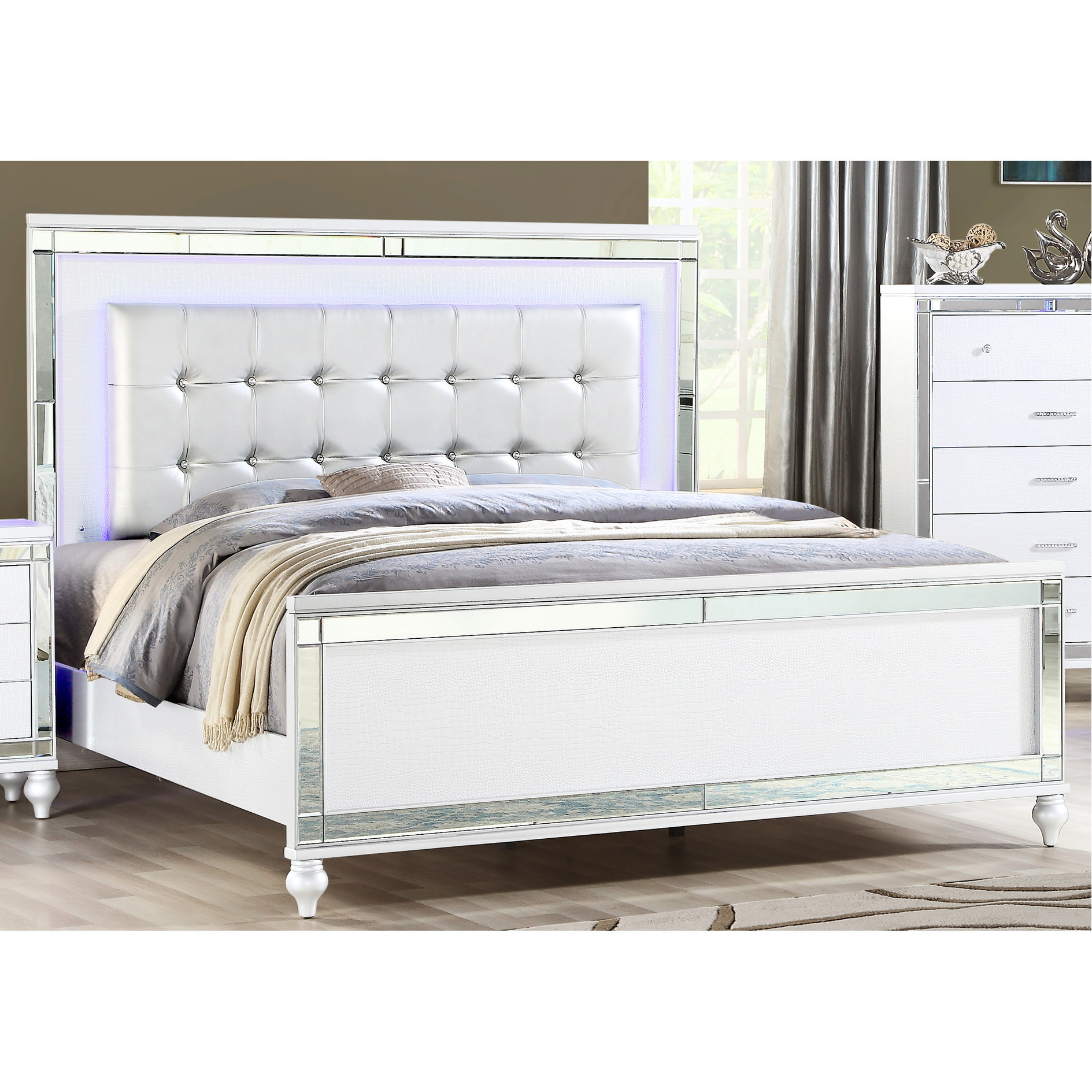 White wood queen bed featuring modern style, mirror front frame and ...