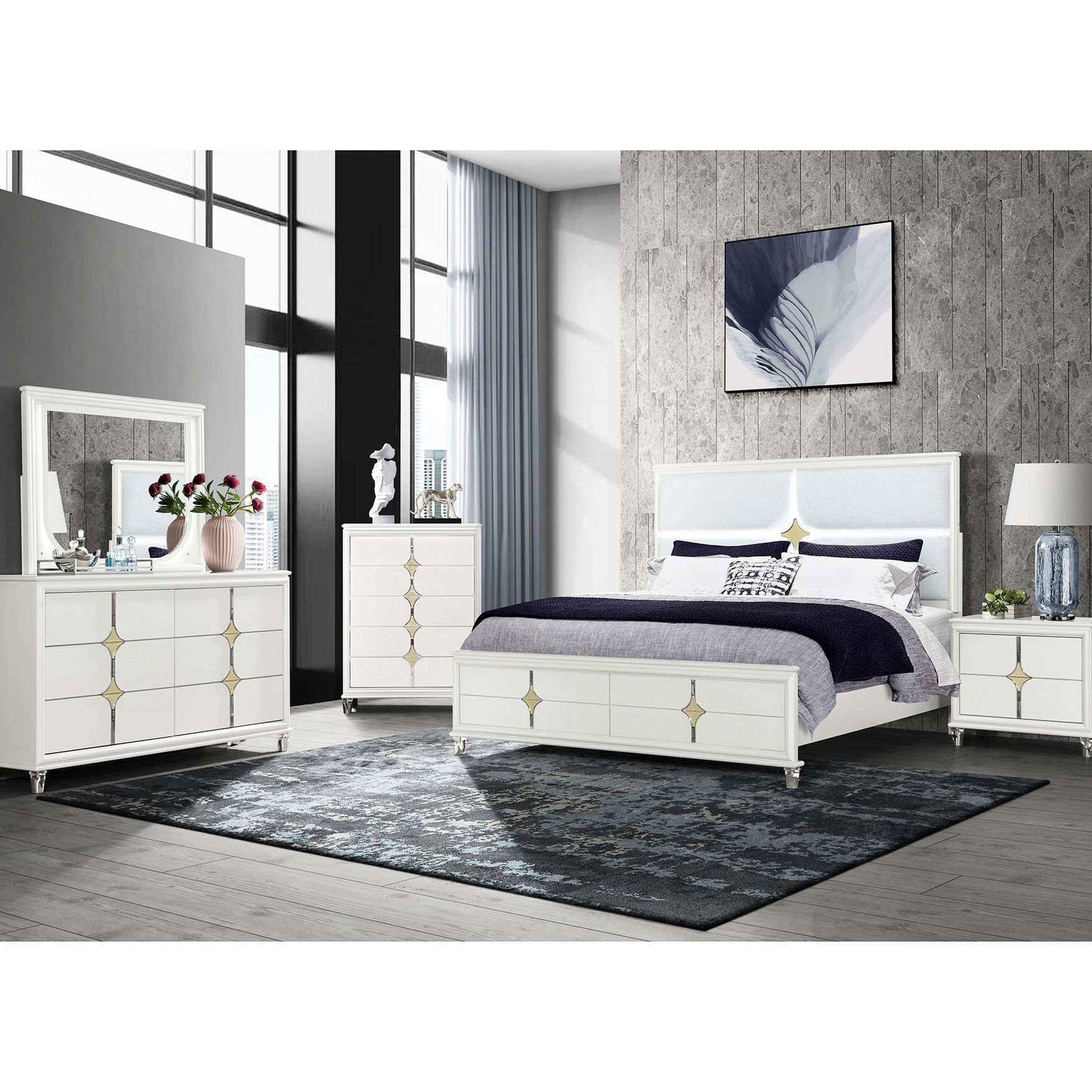 White wood - toned king bedroom set with gold accents - Bring elegance ...
