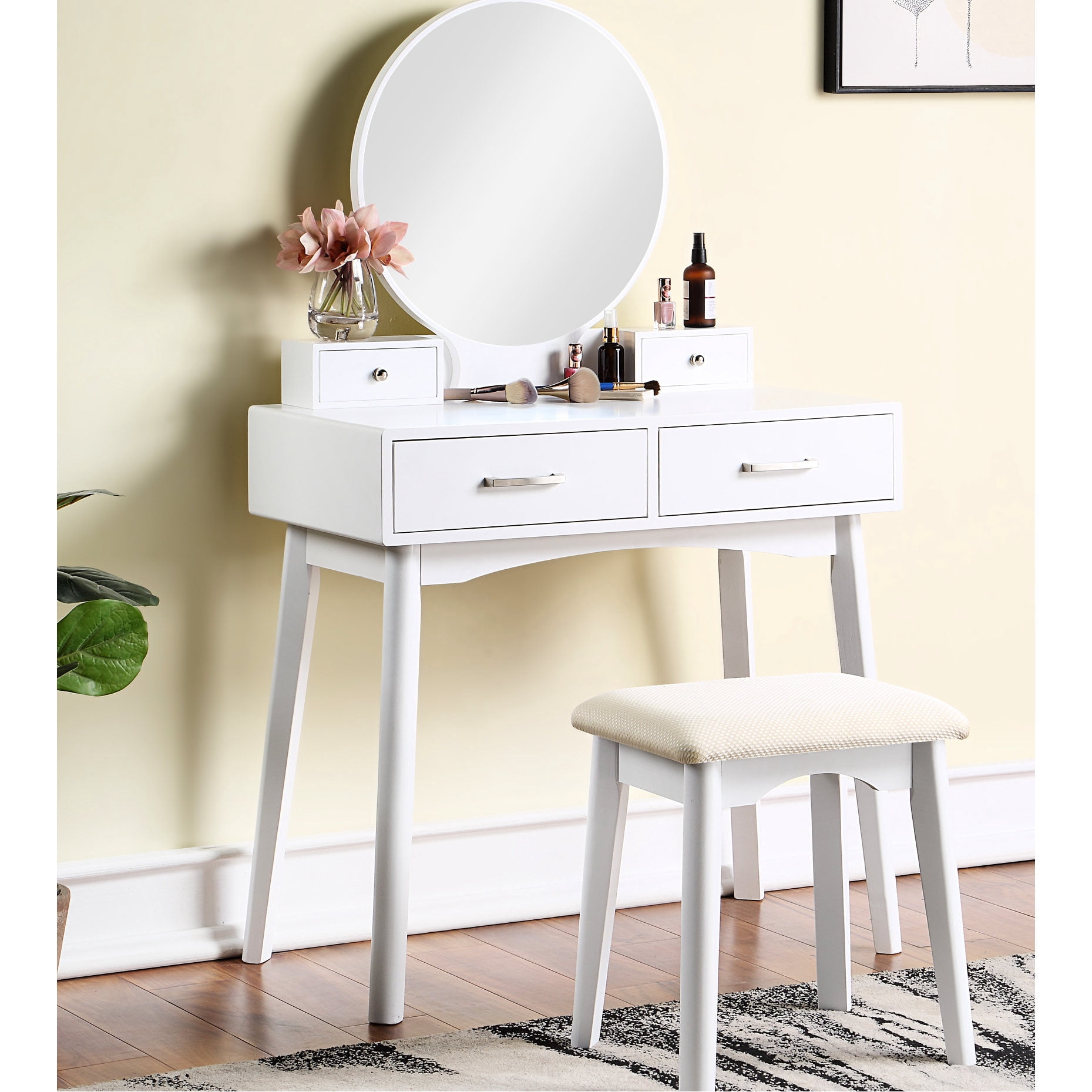 White wood vanity and stool set with round mirror for a modern look in ...