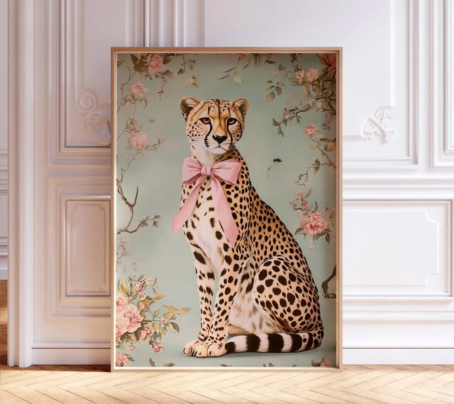 WhitePeak Art Cheetah With Pink Bow, Light Green Chinoiserie Work ...