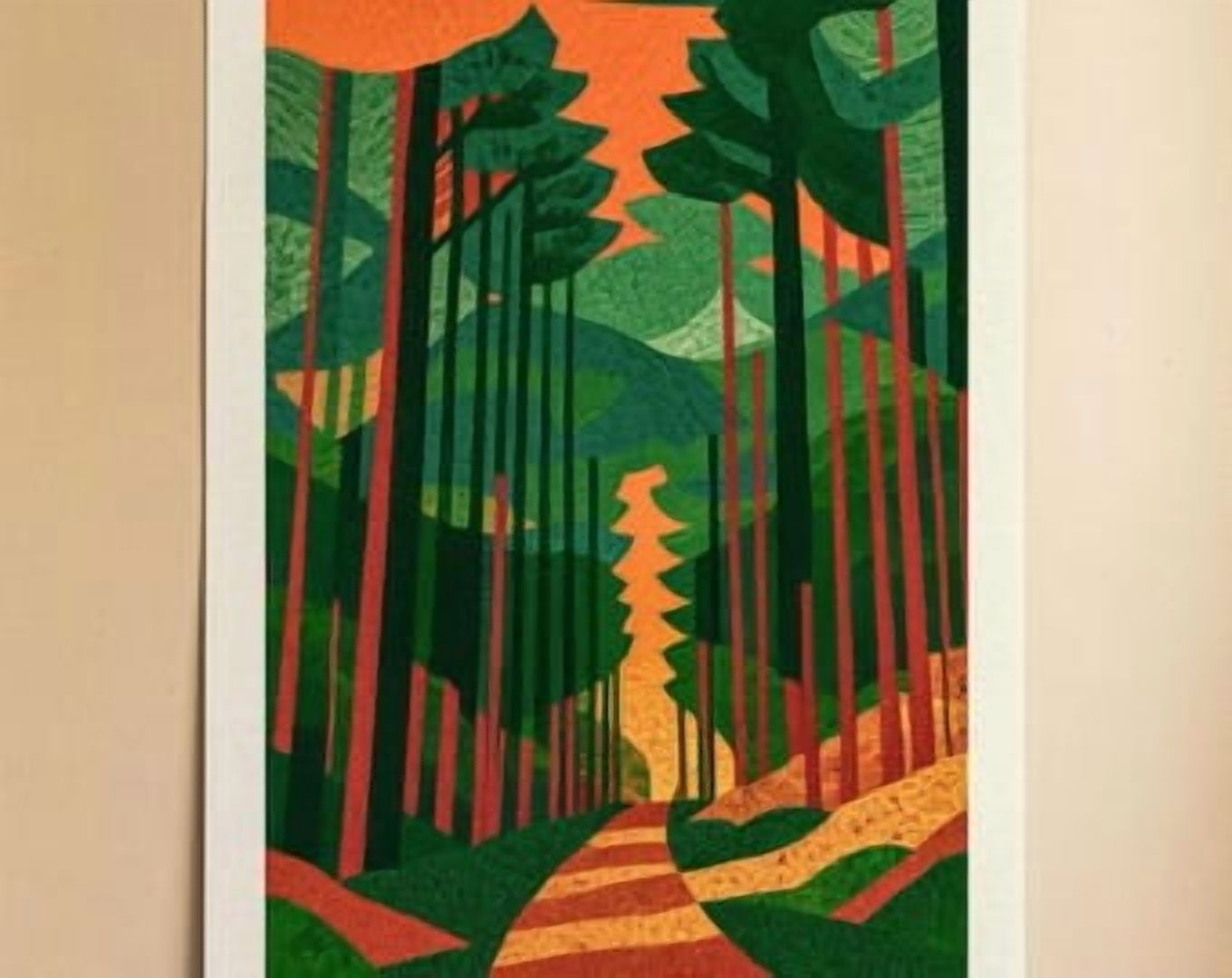 WhitePeak Art Geometric Retro Forest Path : Mid-Century Modern Nature ...