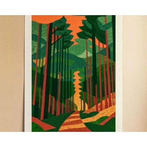 WhitePeak Art Geometric Retro Forest Path : Mid-Century Modern Nature ...