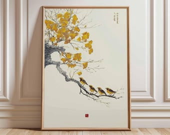 WhitePeak Art Japanese Ginkgo Tree Birds Art Print, 12x18 UNFFRAMED ...