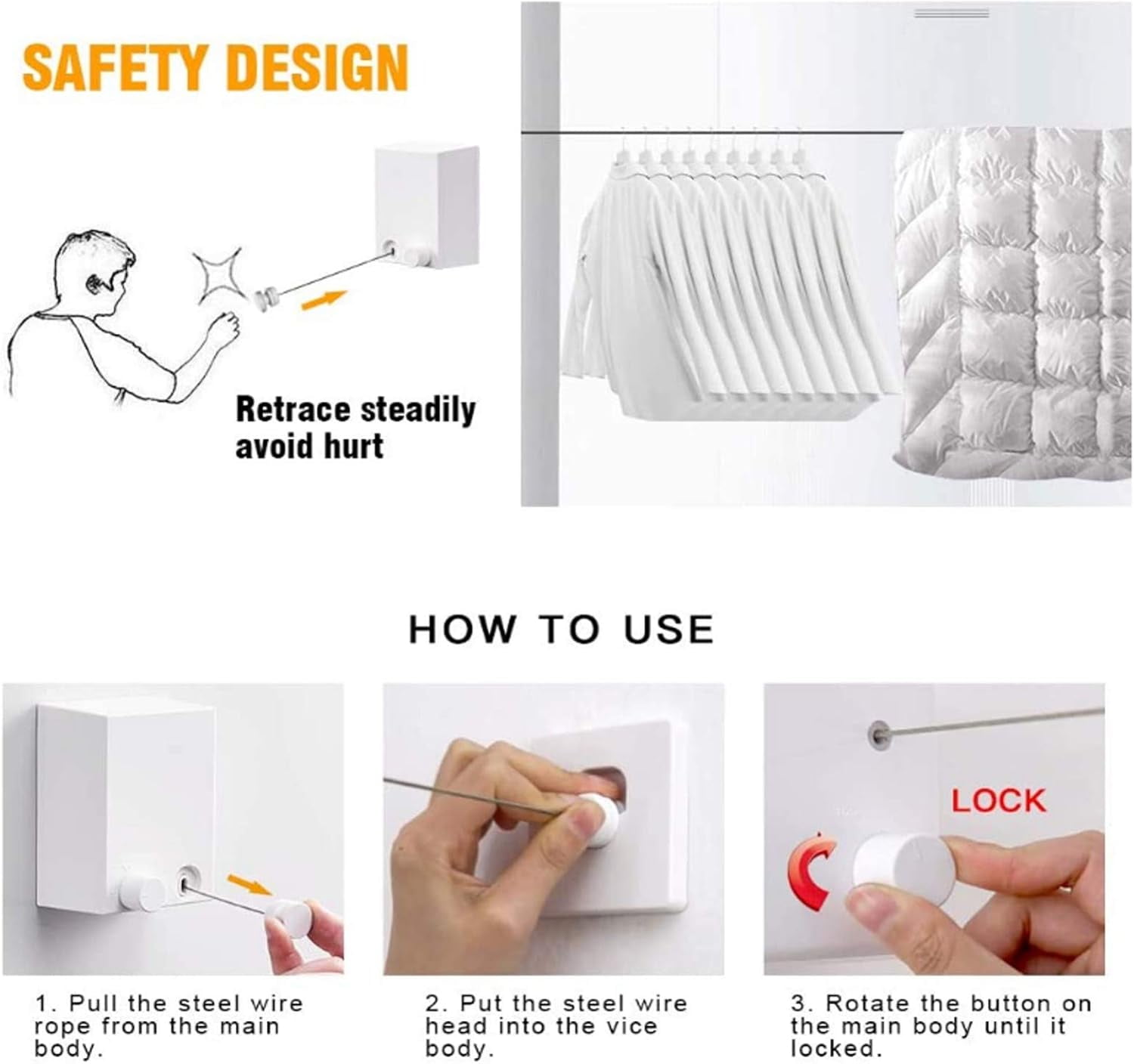 WhiteRetractable Clothesline Dryer, Laundry Line for Drying Clothes ...