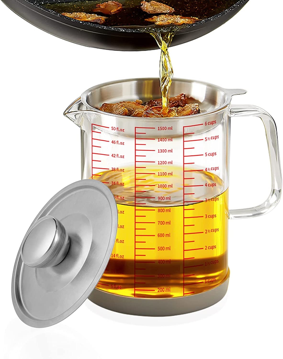 WhiteRhino 50oz Glass Bacon Grease Container with Strainer,Clear ...