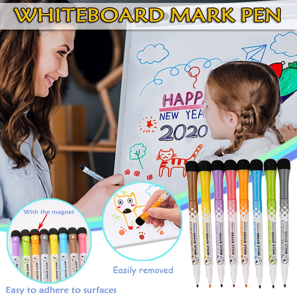 Whiteboard Marker Pens Set | Fine Tip Magnetic Cap with Built-In Eraser ...