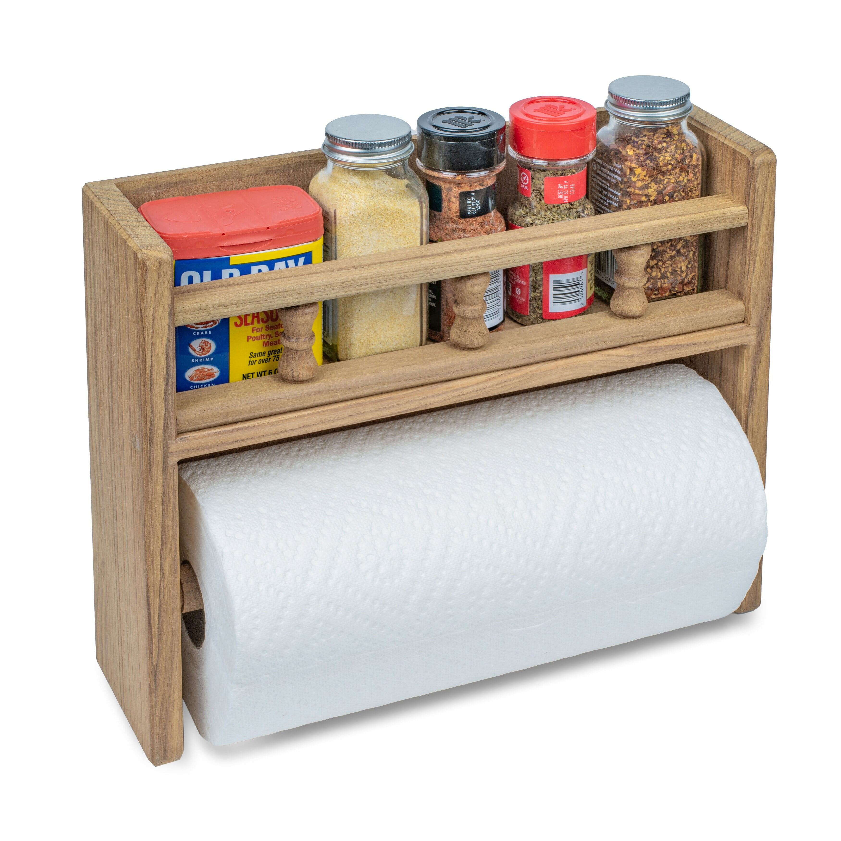 Teak Spice Rack with Paper Towel Holder - 13-1/16" W x 10" H x 3-3/4" D ...