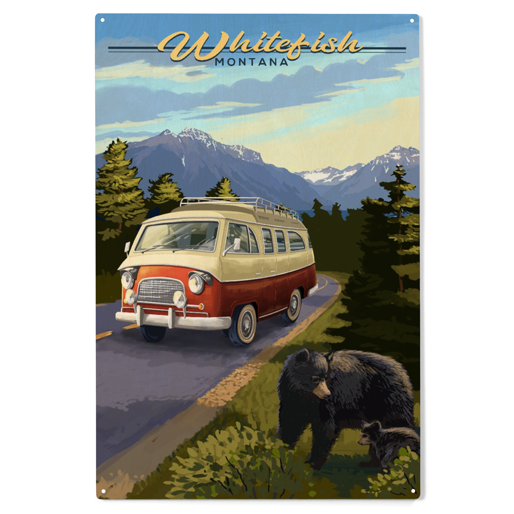 Whitefish, Montana, Camper Van and Wildlife Birch Wood Wall Sign (10x15 ...