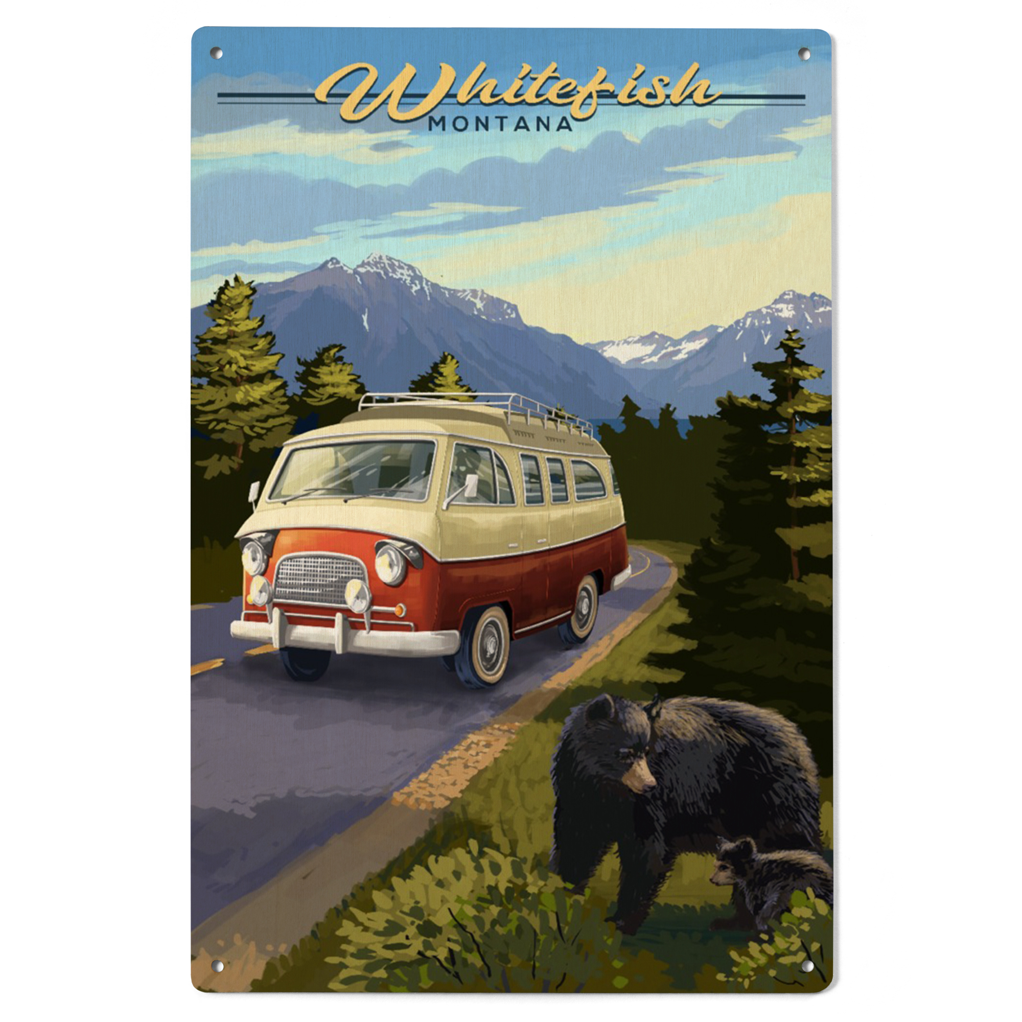 Whitefish, Montana, Camper Van and Wildlife Birch Wood Wall Sign (6x9 ...
