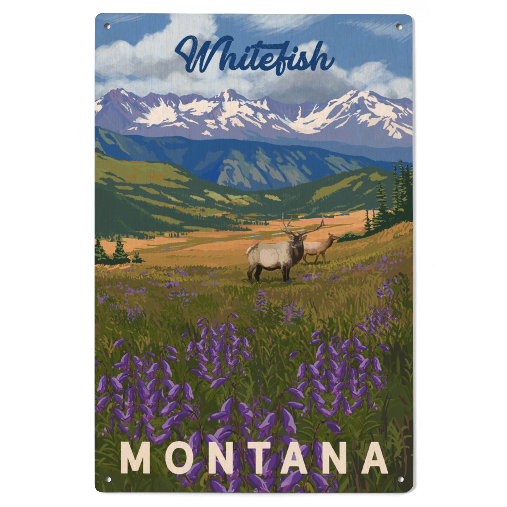 Whitefish, Montana, Elk and Flowers Birch Wood Wall Sign (6x9 Rustic ...