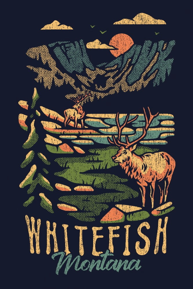 Whitefish, Montana, Elk and Peaks, Distressed Vector (16x24 Giclee ...