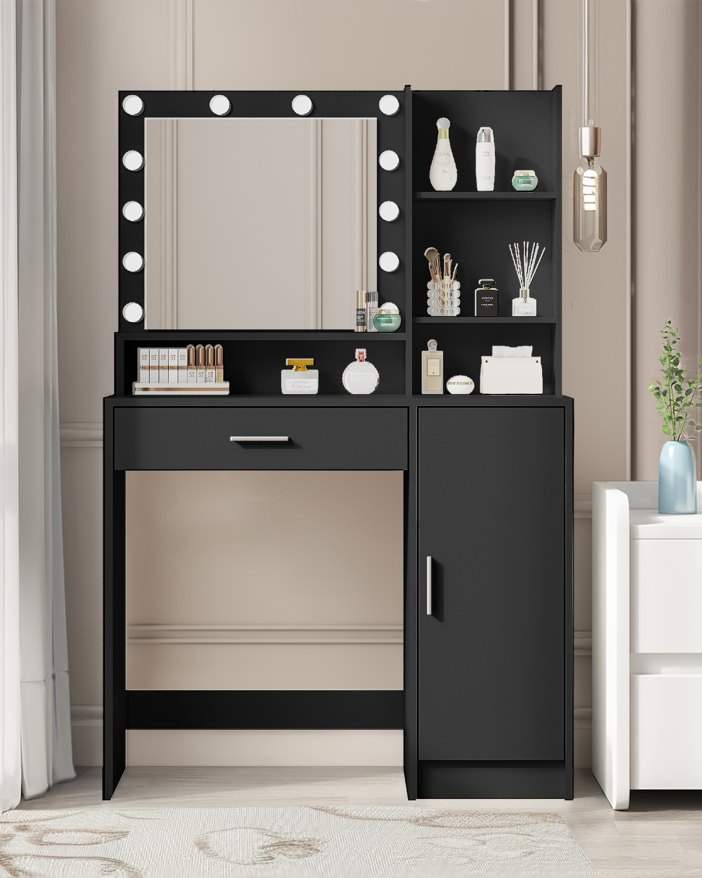 Vanity Desk with Lighted Mirror & Charging Station & 3 Drawers & RGB ...