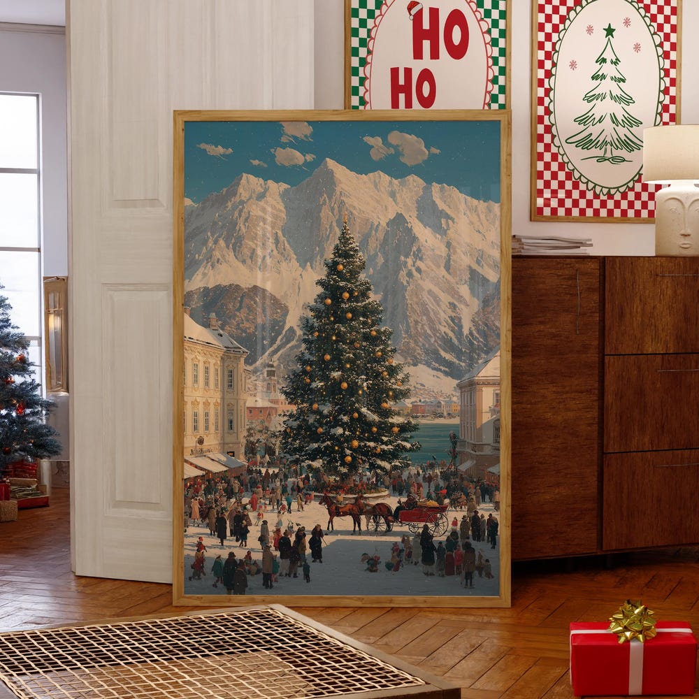 Whitepeak Art European Xmas Market Wall Art, Festive Alpine Holiday ...