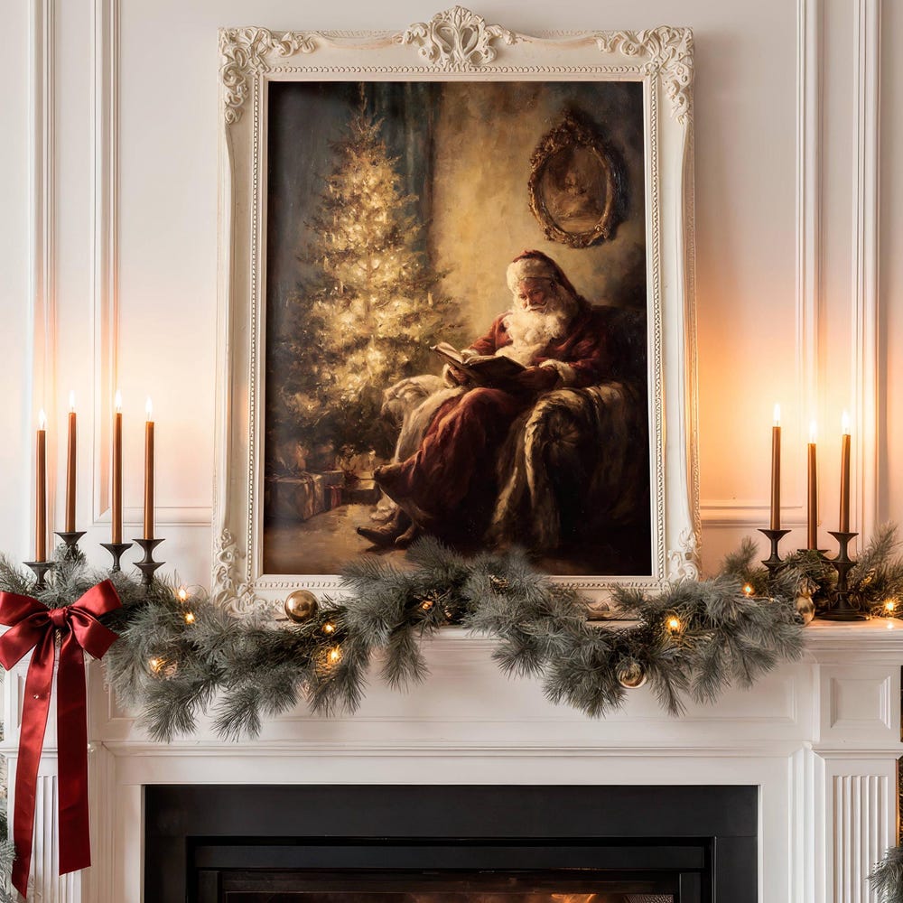 Whitepeak Art Father Xmas Reading By The Tree, Dark Vintage Holiday ...