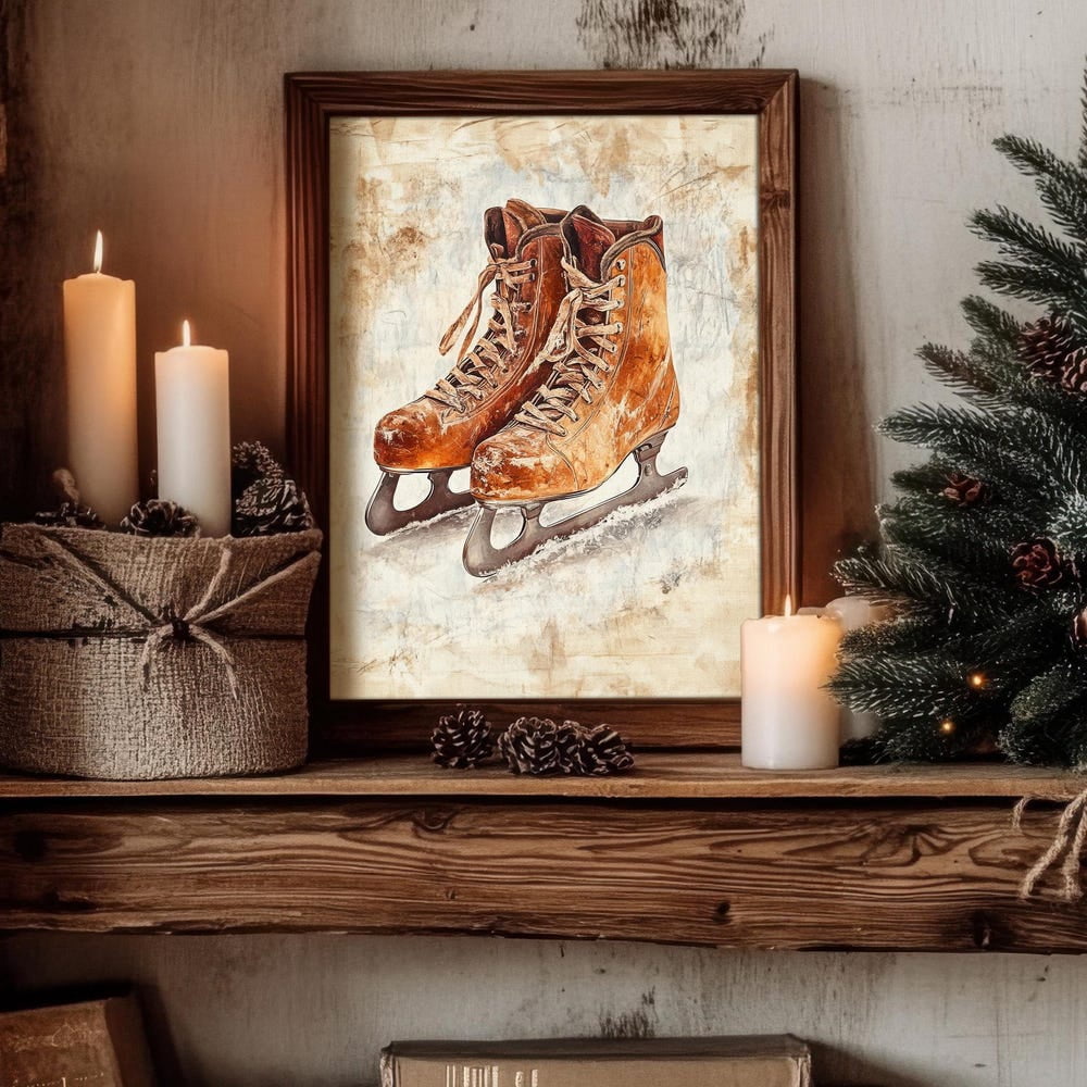Whitepeak Art Ice Skates Rustic Xmas Print Vintage Style | Nostalgic ...