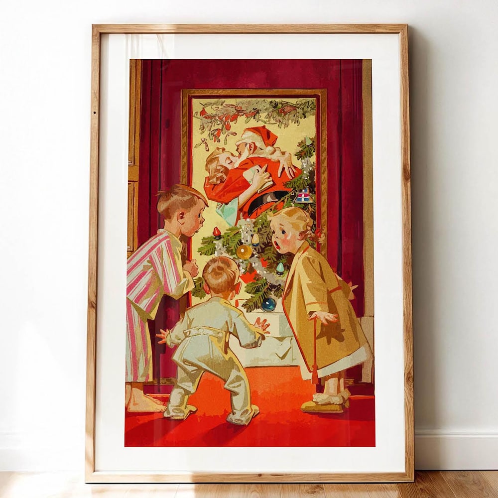 Whitepeak Art Kissing Santa Print: Retro Xmas Art Xmas Poster Holiday ...