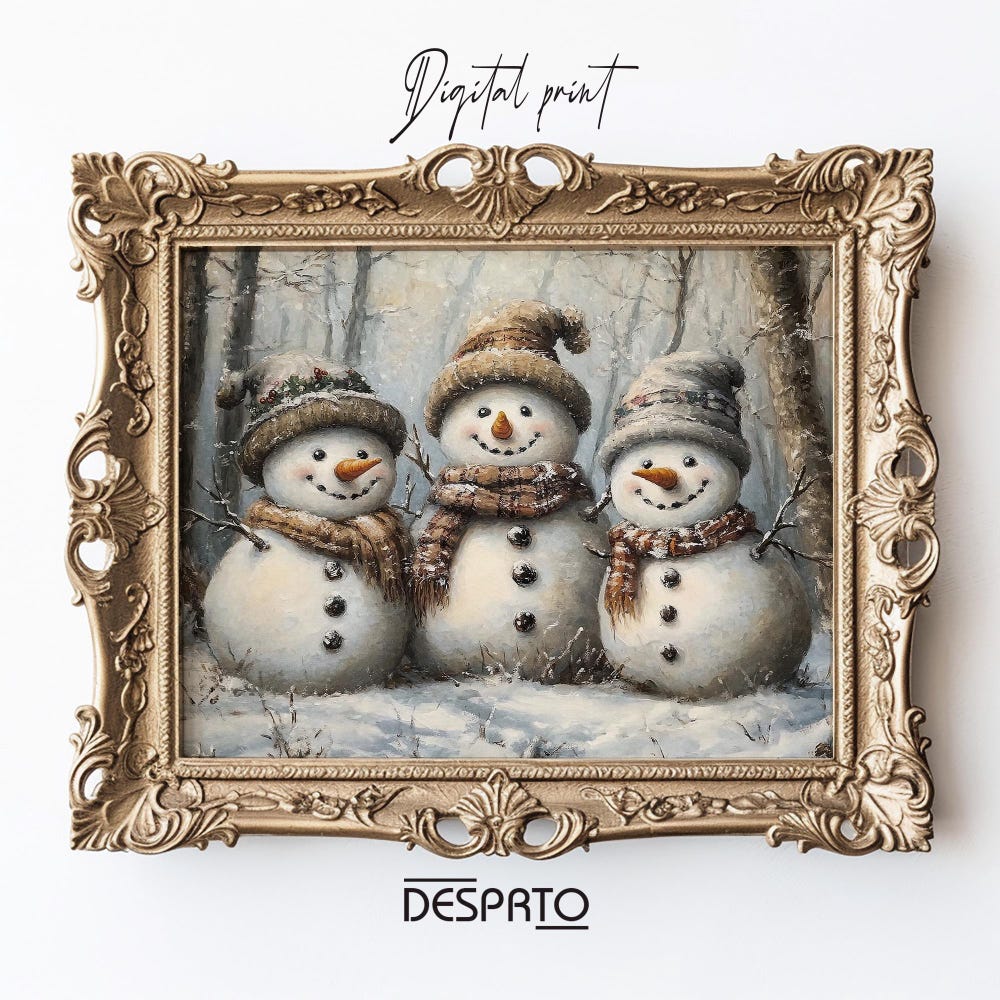 Whitepeak Art Three Happy Rustic Snowmen In Winter Woods Wall Art Print ...