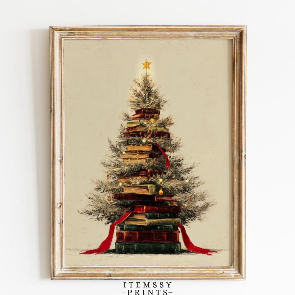 Whitepeak Art Vintage Book Xmas Tree Art • Stacked Books Holiday Wall ...