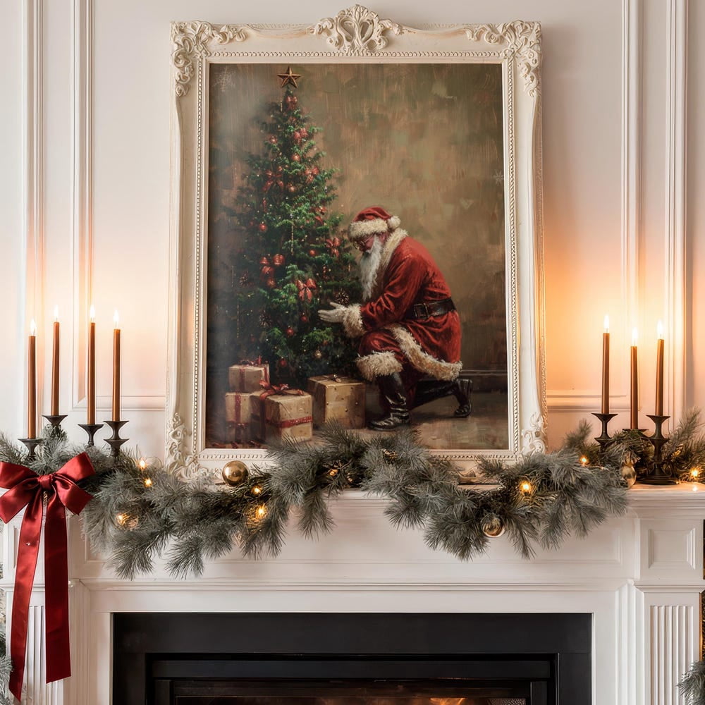 Whitepeak Art Vintage Santa Claus Xmas Wall Art, Santa Decorating Tree ...