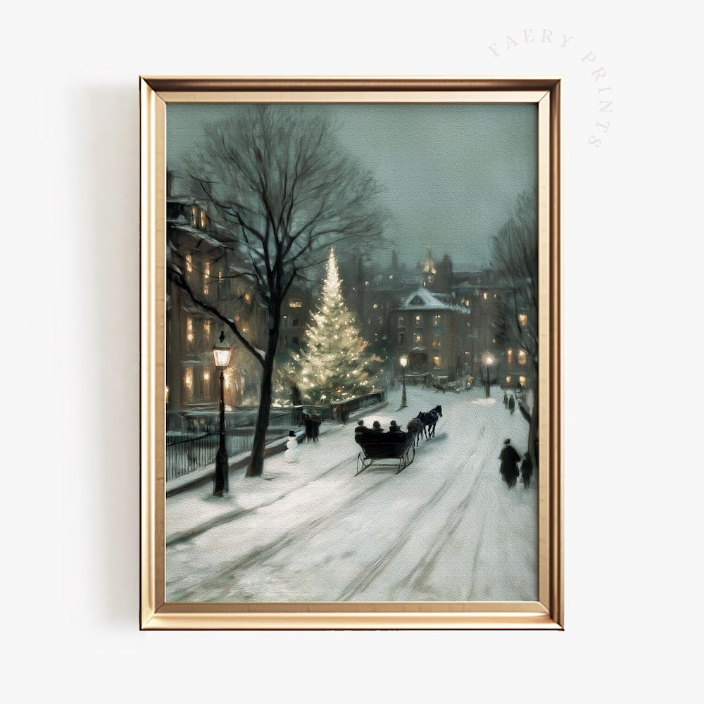 Whitepeak Art Vintage Xmas Town Print: Snowy Street Scene With Sleigh ...