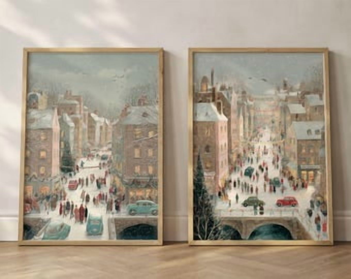 Whitepeak Art Winter Cityscape Print Set: Snowy Holiday Village Art ...