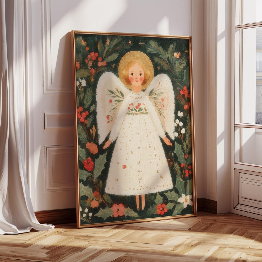 Whitepeak Art Xmas Angel Art Print, Vintage Folk Holiday Decor ...