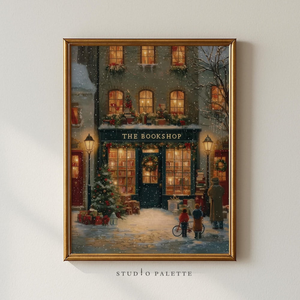 Whitepeak Art Xmas Bookshop Wall Art, Cozy Winter Library Decor ...