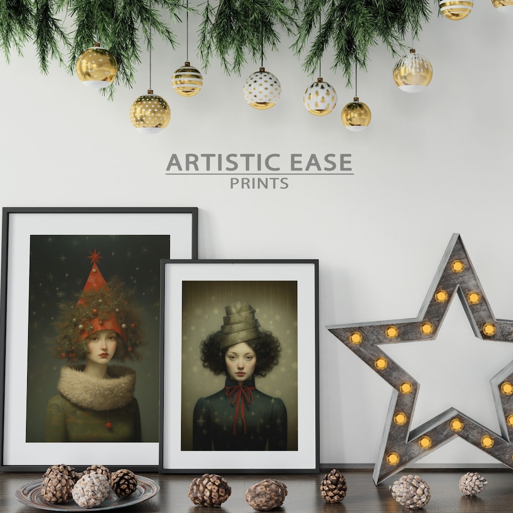 Whitepeak Art Xmas Wall Art Set Of 2, Woman Portrait Print, Able Xmas ...