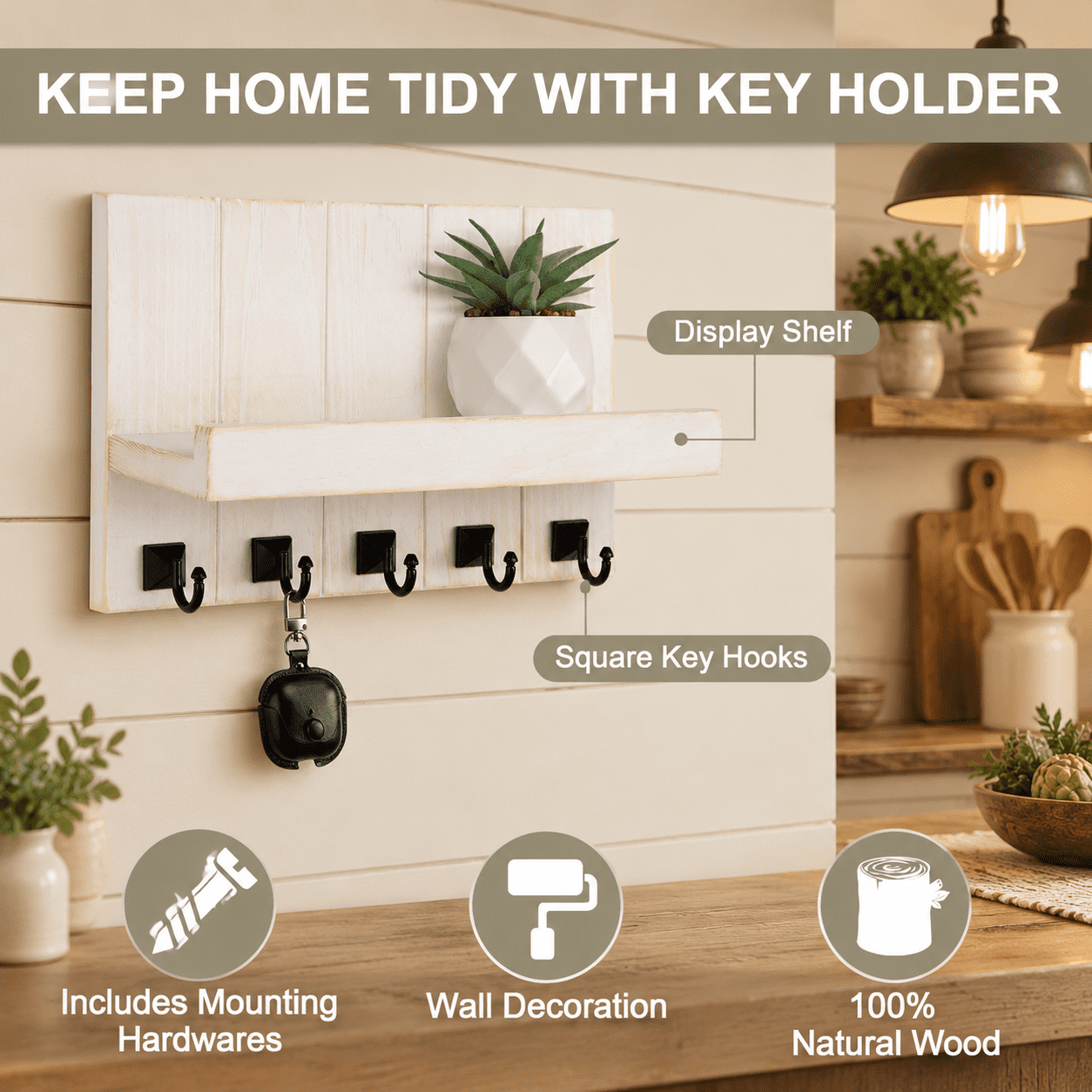 Whitewash Standard - 9.6Inch Solid Wood Decorative Wall Key Holder With ...