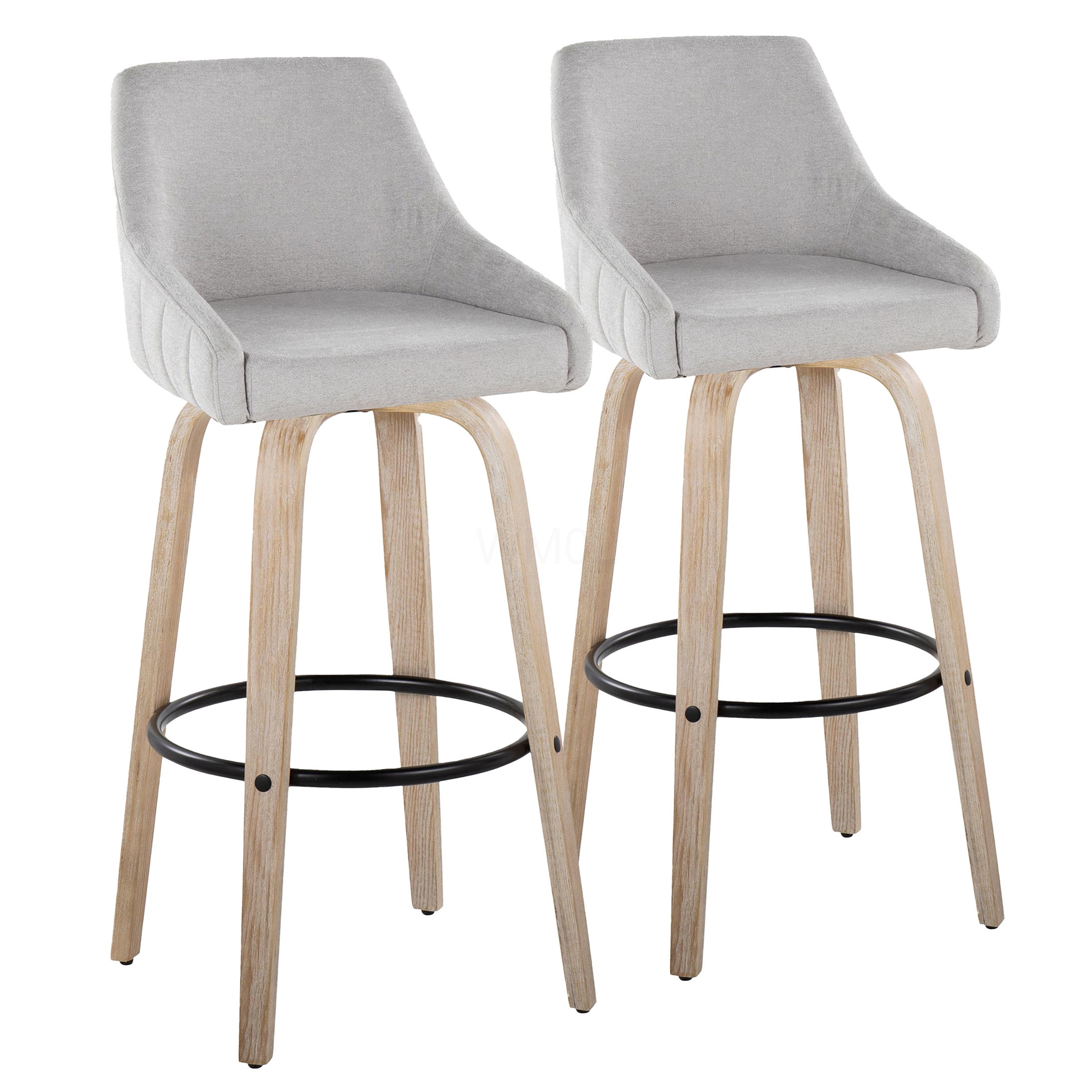 Whitewashed Wood & Grey Fabric Bar Stool Set with Swivel and Footrest ...