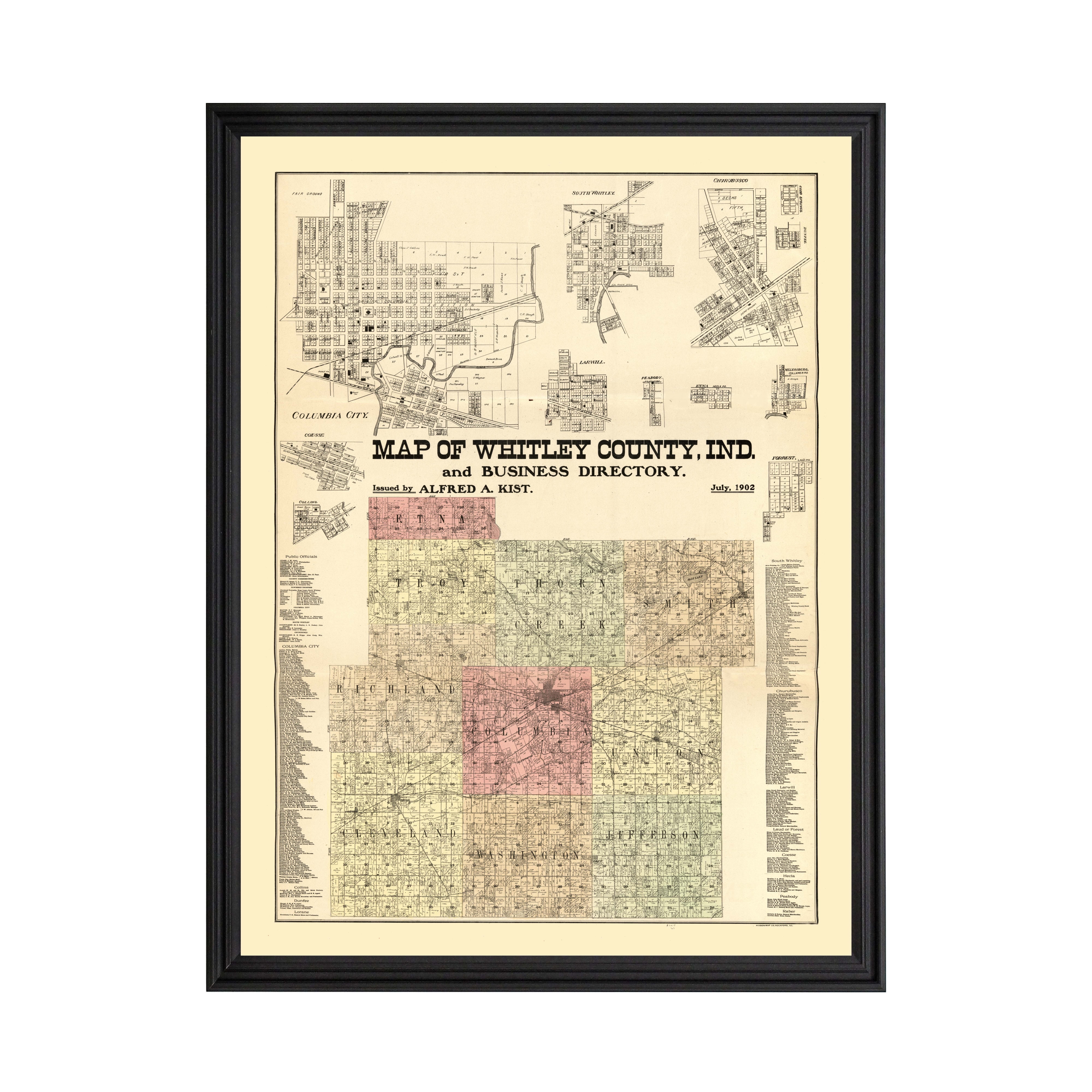 Whitley County Indiana Art, 1902 Vintage Map of Whitley County IN ...